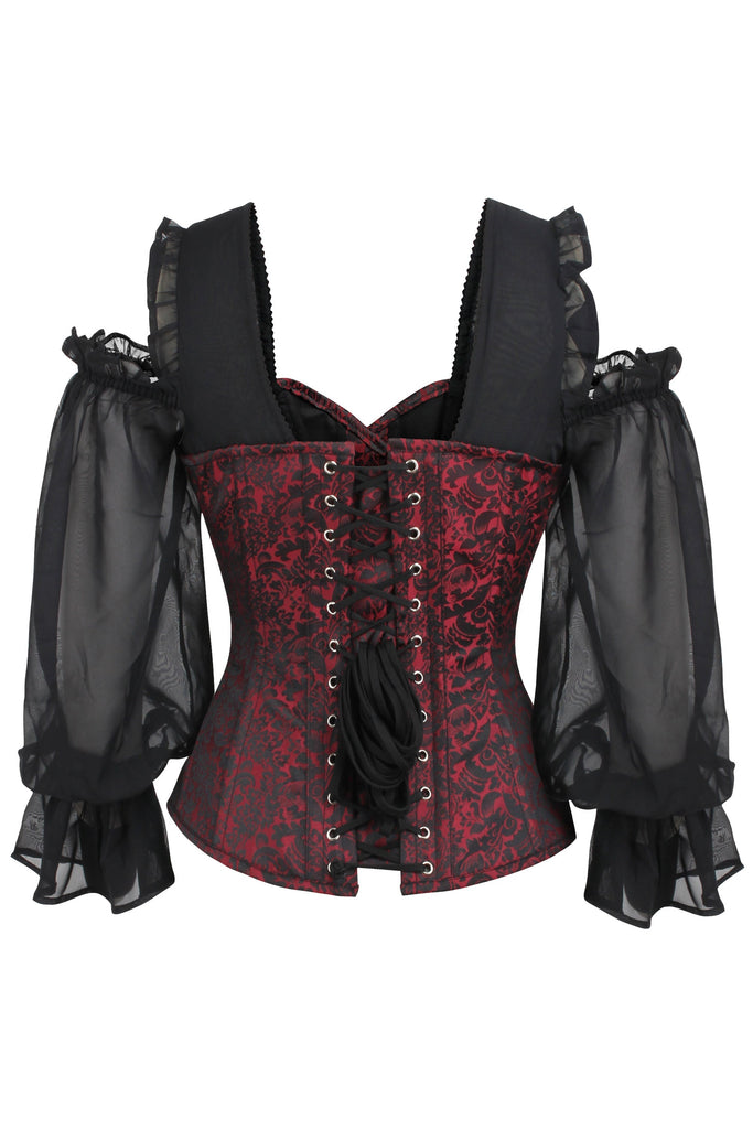 Korsett-Oberteil aus schwarz-rotem Brokat mit langen Chiffon-Ärmeln