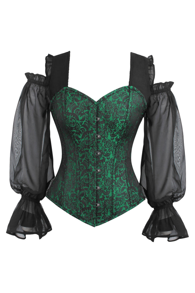 Korsett-Oberteil aus schwarz-grünem Brokat mit langen Chiffon-Ärmeln