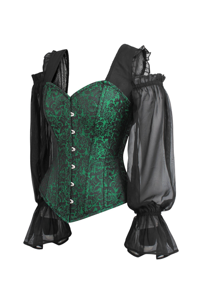 Korsett-Oberteil aus schwarz-grünem Brokat mit langen Chiffon-Ärmeln